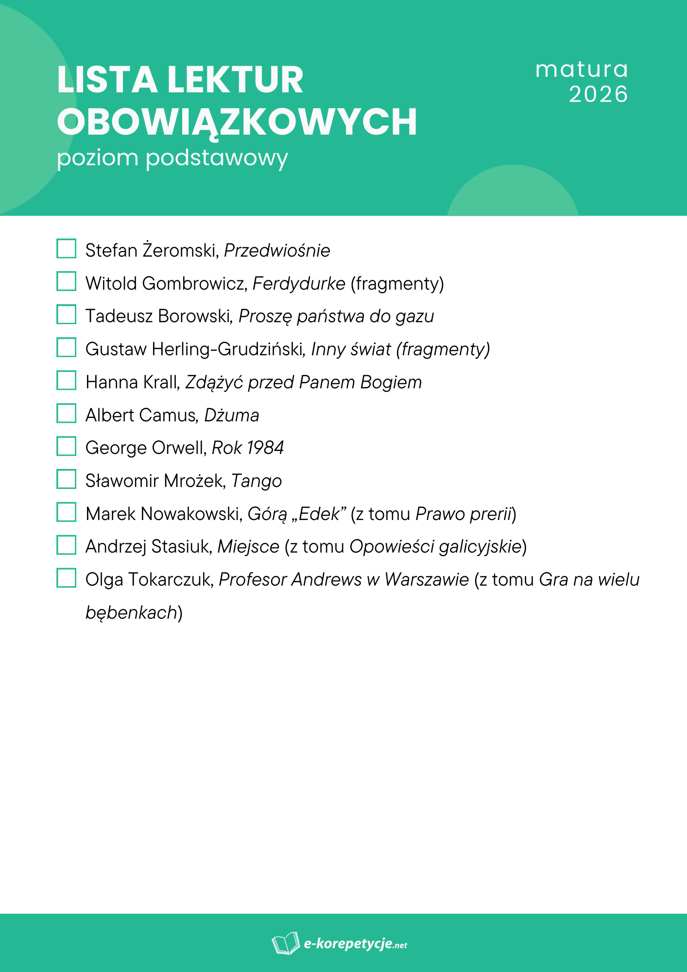 Matura 2026 - lista lektur obowiązkowych dla podstawy i rozszerzenia